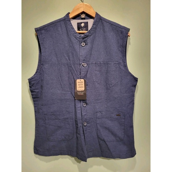 Netplay | Shirts | New Netplay Blue Linen Button Up Vest Pockets Sz ...